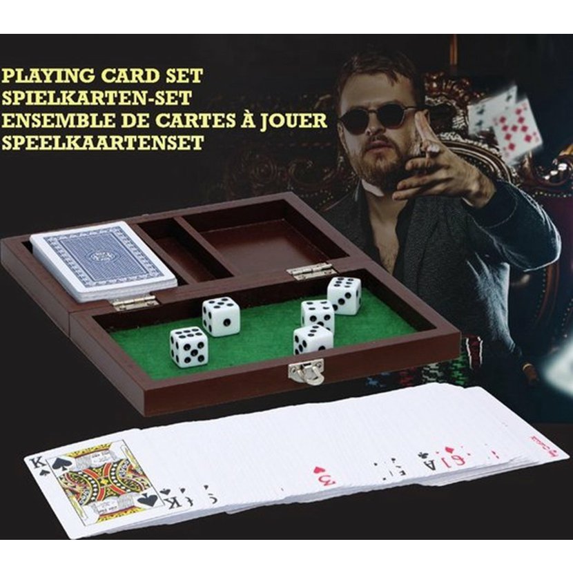 LIFETIME GAMES SADA HRACÍCH KARET A KOSTEK V DŘEVĚNÉM BOXU